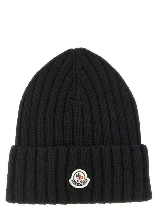 Moncler Logo Patch Virgin Wool Beanie - Black