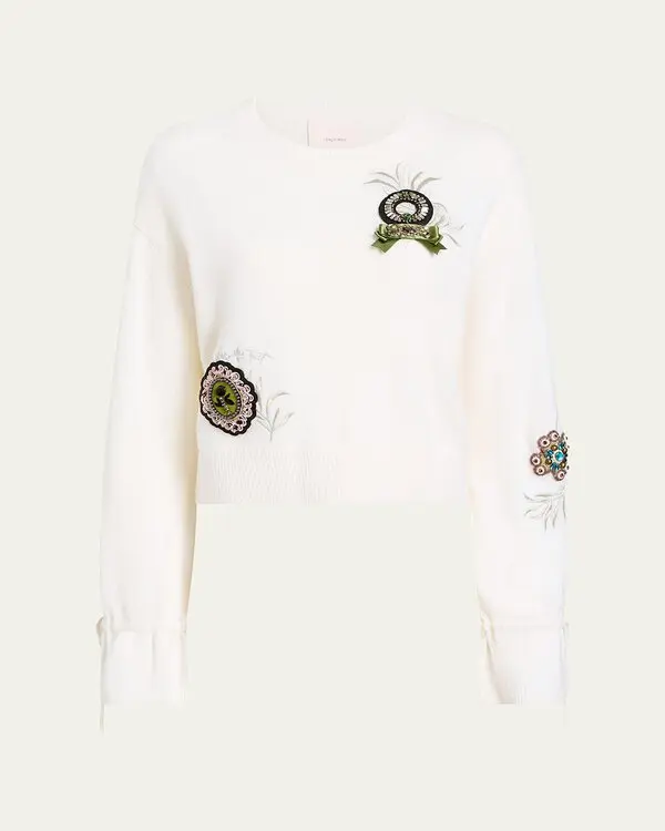 Cinq À Sept Heritage Rose Patch Embroidered Crewneck Sweater - Ivory Mult