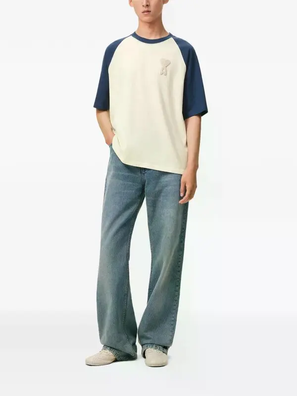 AMI Paris Two-tone Cotton T-shirt With De Coeur Patch - Neutrals