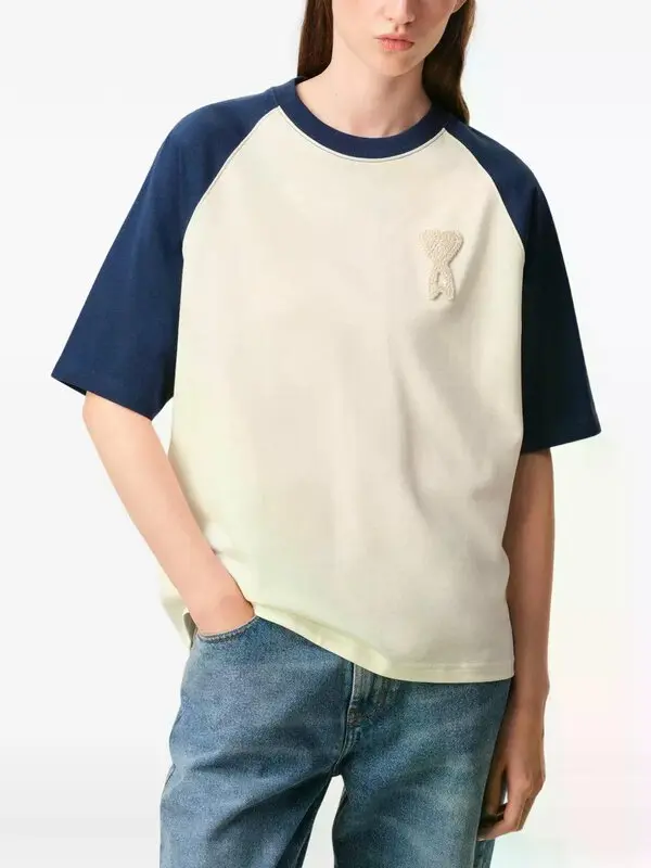 AMI Paris Two-tone Cotton T-shirt With De Coeur Patch - Neutrals