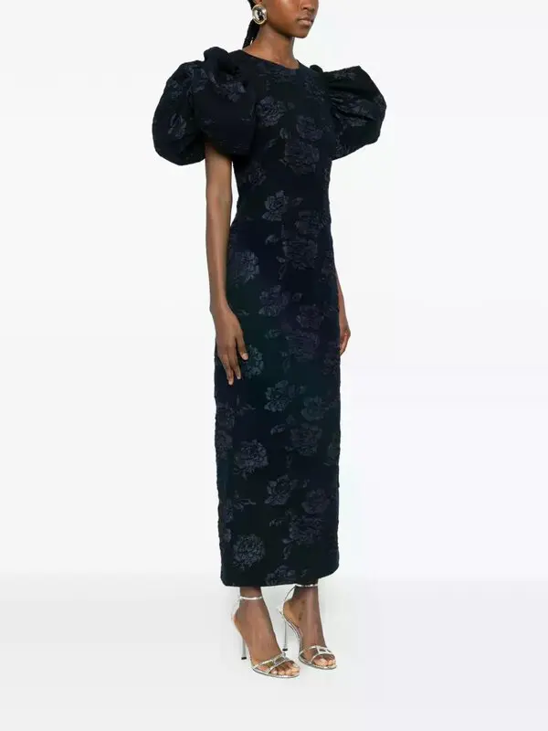 ROTATE BY BIRGER CHRISTENSEN Jacquard Puff-sleeved Midi Dress - Blue