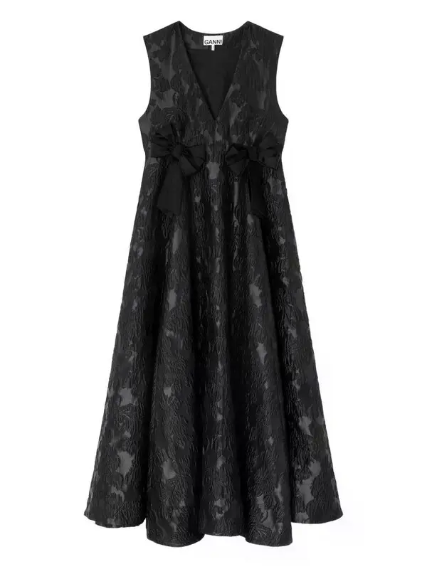 GANNI Satin Cloqué Long Dress With V-neckline And Removable Bow Details