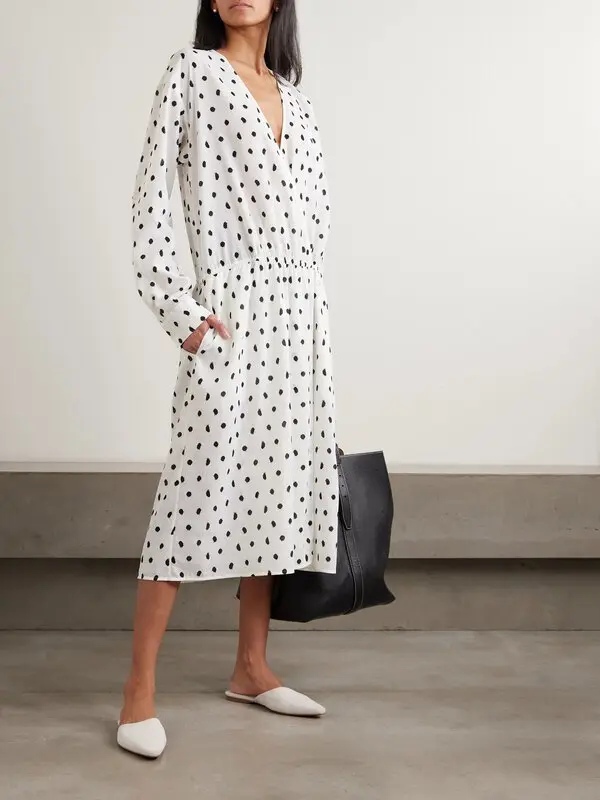 Tibi Polka-Dot Crinkled-Gauze Wrap Midi Dress - White | Editorialist