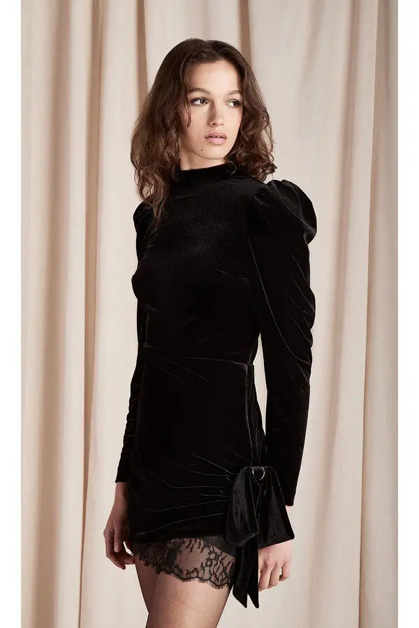 Saylor Christabel Velvet Mini Dress With Lace Trim - Natural