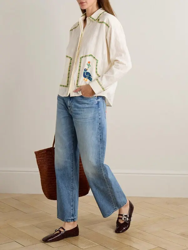 MOTHER The Dodger Flood Embroidered Mid-rise Straight-leg Jeans - Blue