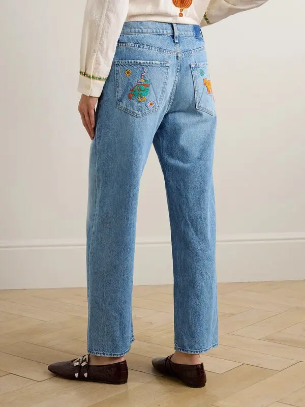 MOTHER The Dodger Flood Embroidered Mid-rise Straight-leg Jeans - Blue