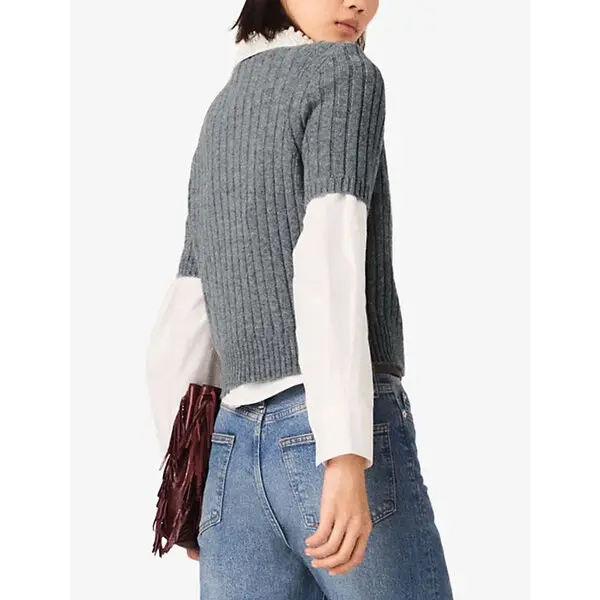 Maje Slim-fit Wool-blend Jumper With Beaded Collar - Grey