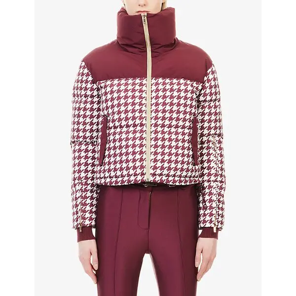 MY SUNDAY SKI Cropped Bomber Ski Jacket - Burgundy Houndstooth