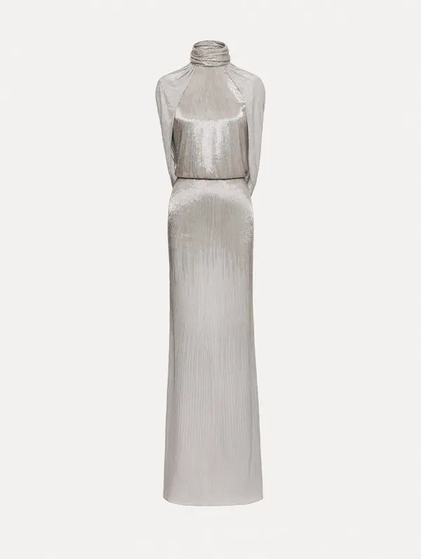 Oscar De La Renta Bugle Bead Lamé Draped Gown
