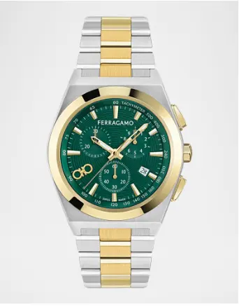 FERRAGAMO Two-tone Chronograph Bracelet Watch 42mm - Green Gold