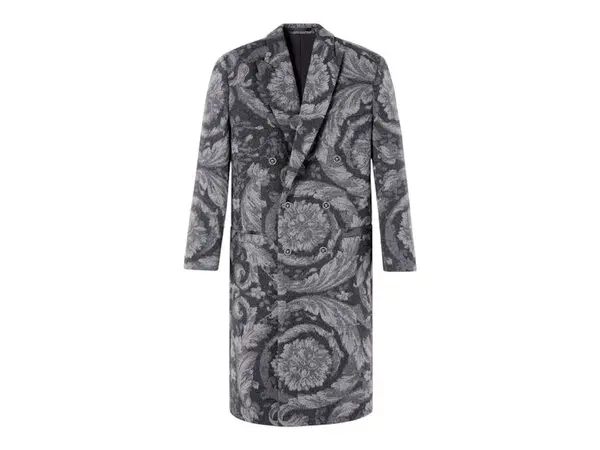 Versace Cashmere Barocco Stencil Double-breasted Coat - Black/grey
