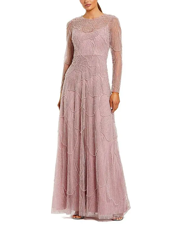 Mac Duggal Beaded Mesh High Neck Long Sleeve A-line Gown - Mocha