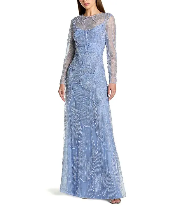 Mac Duggal Beaded Mesh High Neck Long Sleeve A-line Gown - Periwinkle