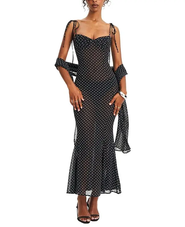 MISS CIRCLE NEW YORK Polka Dot Chiffon Maxi Dress With Scarf - Black