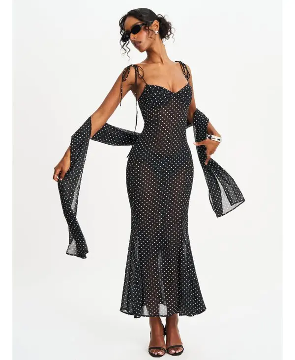 MISS CIRCLE NEW YORK Polka Dot Chiffon Maxi Dress With Scarf - Black