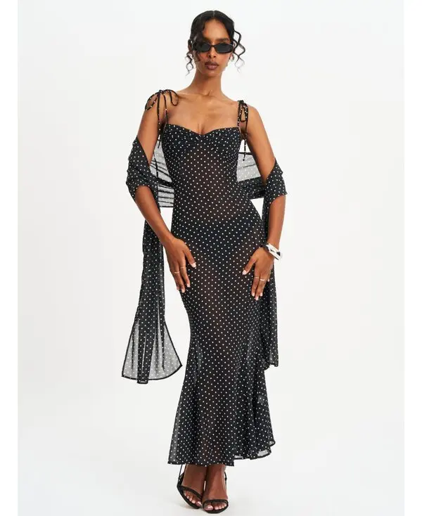 MISS CIRCLE NEW YORK Polka Dot Chiffon Maxi Dress With Scarf - Black