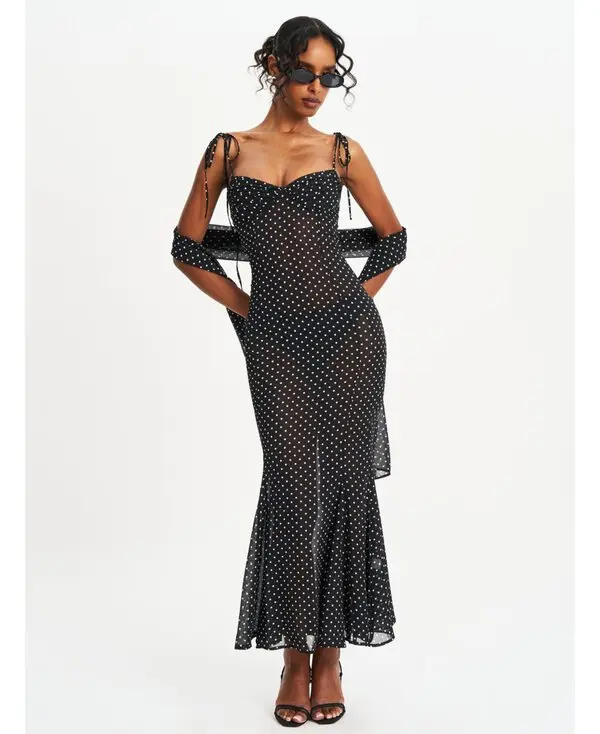 MISS CIRCLE NEW YORK Polka Dot Chiffon Maxi Dress With Scarf - Black