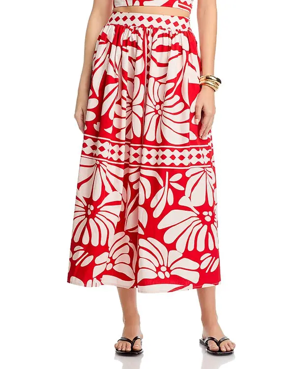 Aqua Floral Border Midi Skirt - Red/white