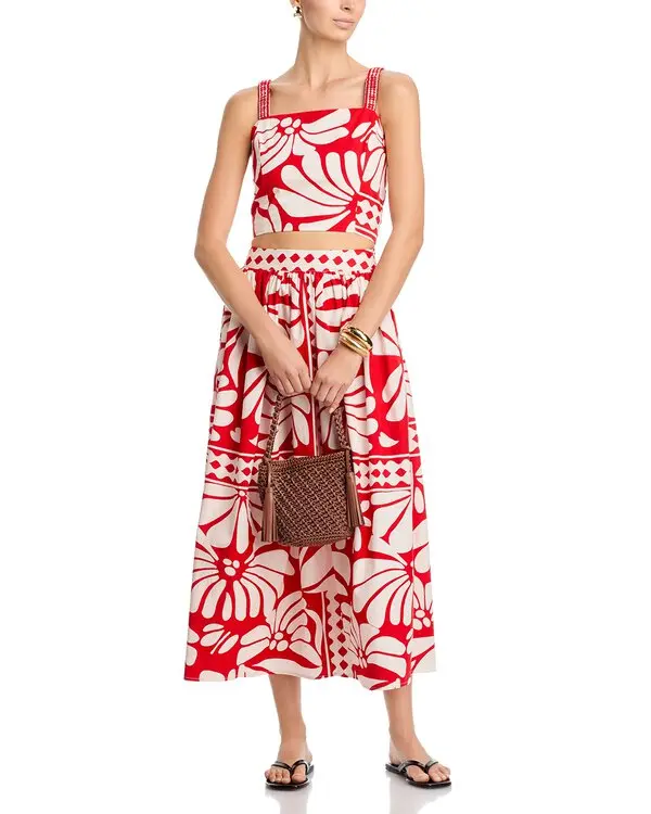 Aqua Floral Border Midi Skirt