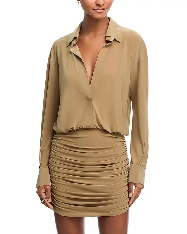 Norma Kamali Boyfriend Neck Shirred Skirt Dress - Camel