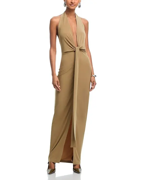 Norma Kamali Tie Front Halter Gown - Camel