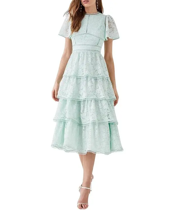 Coast Tiered Lace Flutter Sleeve Dress - Sage