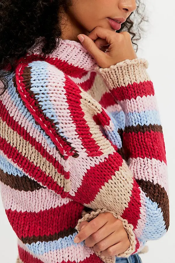 Free People Opal Rollneck Striped Sweater - Cherry Combo