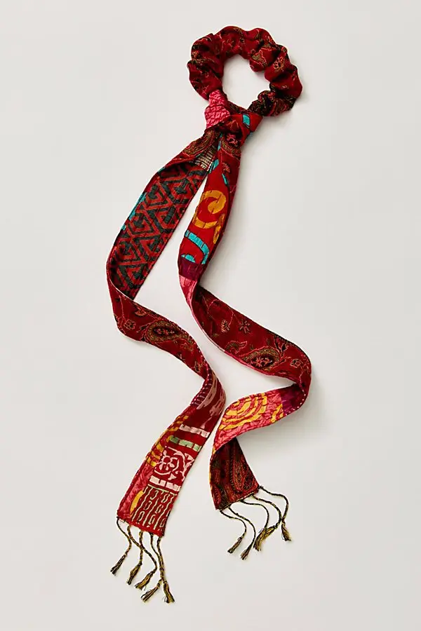 CURRIED MYRRH Kantha Quilt Pony Scarf With Fringe Trim - Red