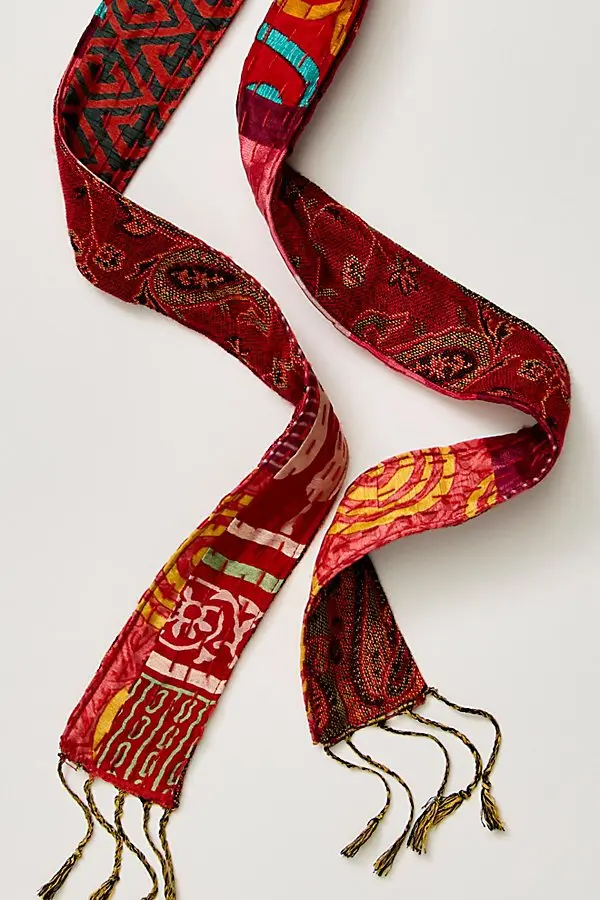 CURRIED MYRRH Kantha Quilt Pony Scarf With Fringe Trim