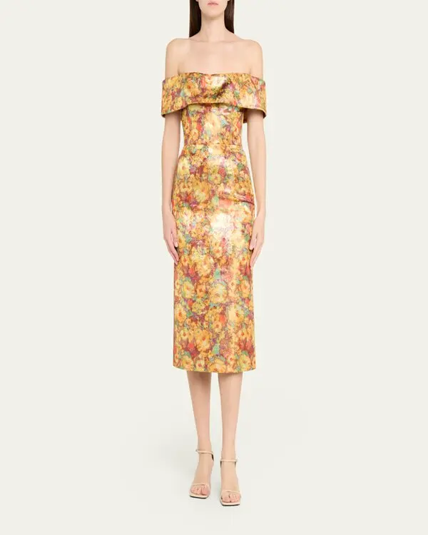 MARKARIAN Gloria Metallic Floral Jacquard Off-the-shoulder Dress