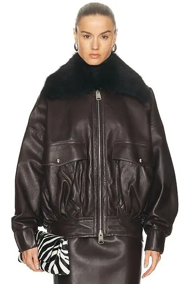 Khaite Daemon Leather Jacket With Fur Collar - Mud