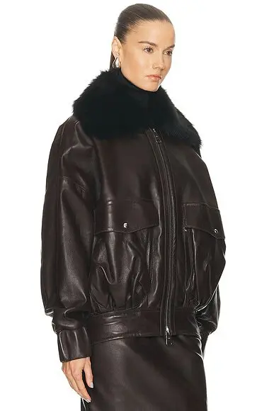 Khaite Daemon Leather Jacket With Fur Collar - Mud
