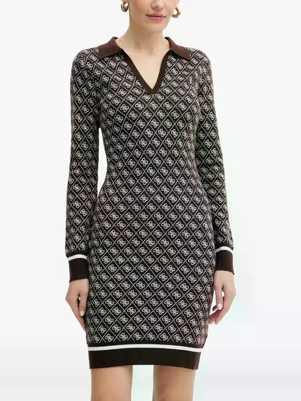 Guess Patterned V-neck Mini Dress - Brown