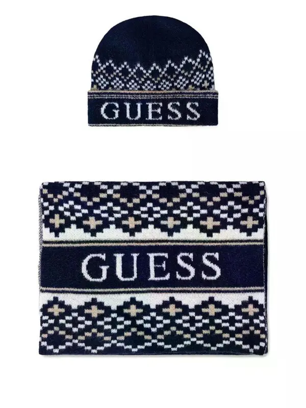 Guess Patterned Beanie And Scarf Set - Blue