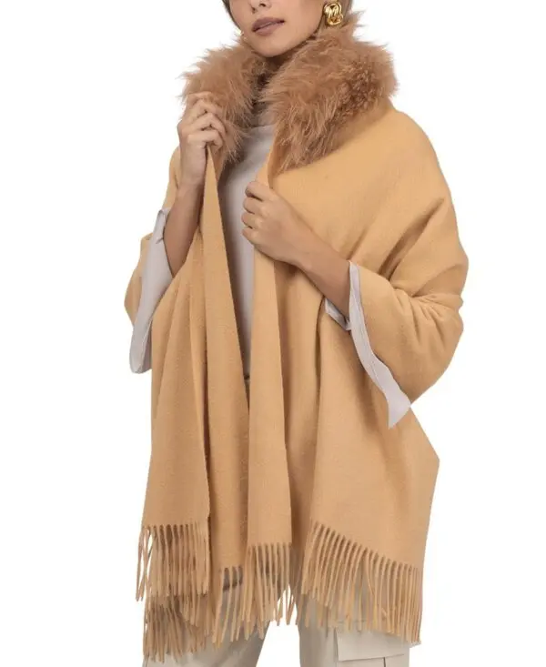 Gorski Cashmere Stole With Lamb Collar - Light Camel