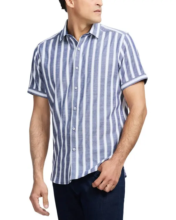 Robert Graham Preston Stripe Short Sleeve Woven Shirt - Navy