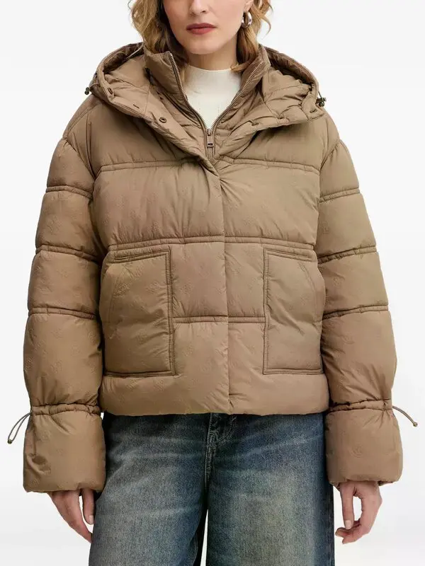 Guess Patterned Hooded Puffer Jacket - Brown