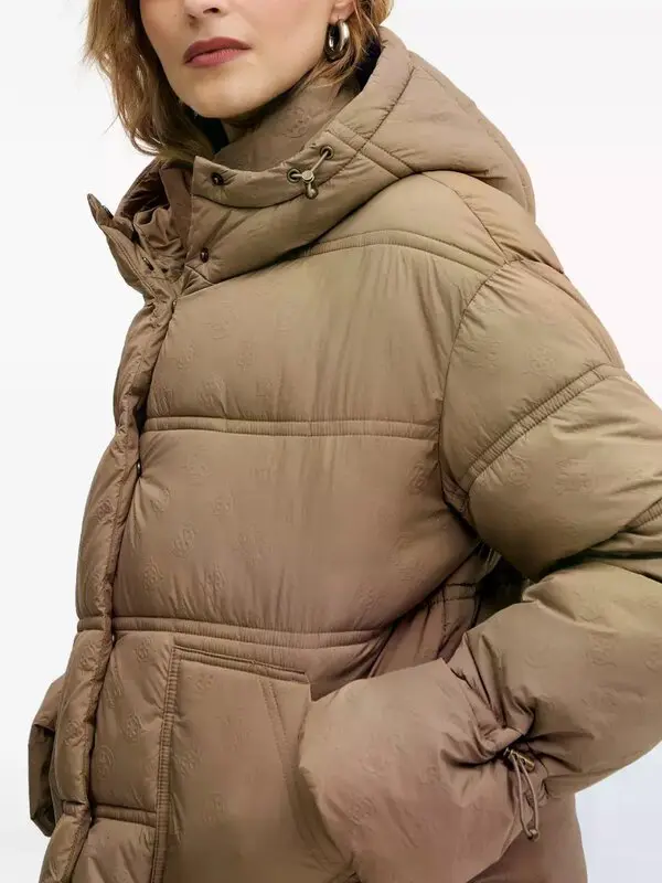 Guess Patterned Hooded Puffer Jacket - Brown