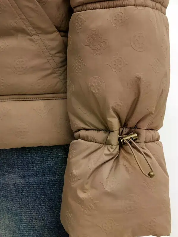 Guess Patterned Hooded Puffer Jacket - Brown