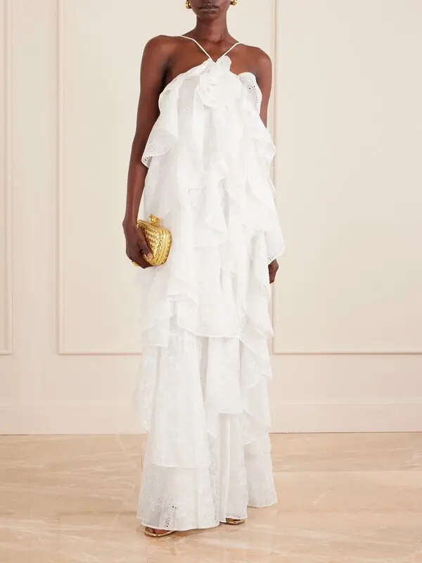 Appliqud Ruffled Broderie Anglaise Maxi Dress - White