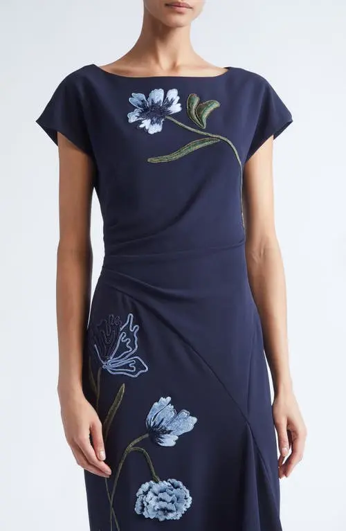 Lela Rose Floral Cord Embroidery Cascade Gown - Navy/blue