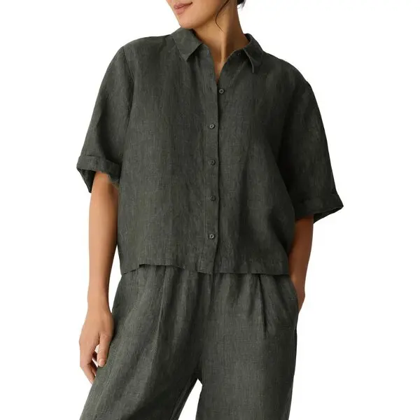 Eileen Fisher Linen Elbow Sleeve Button-up Shirt - Bay Leaf