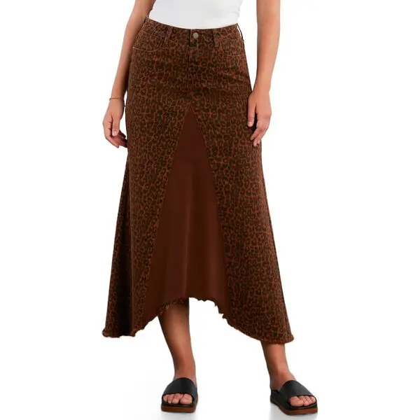 WASH LAB DENIM Leopard Print Pieced Denim Midi Skirt - Brown Leopard