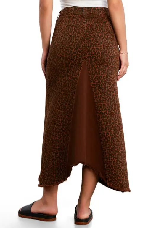 WASH LAB DENIM Leopard Print Pieced Denim Midi Skirt - Brown Leopard