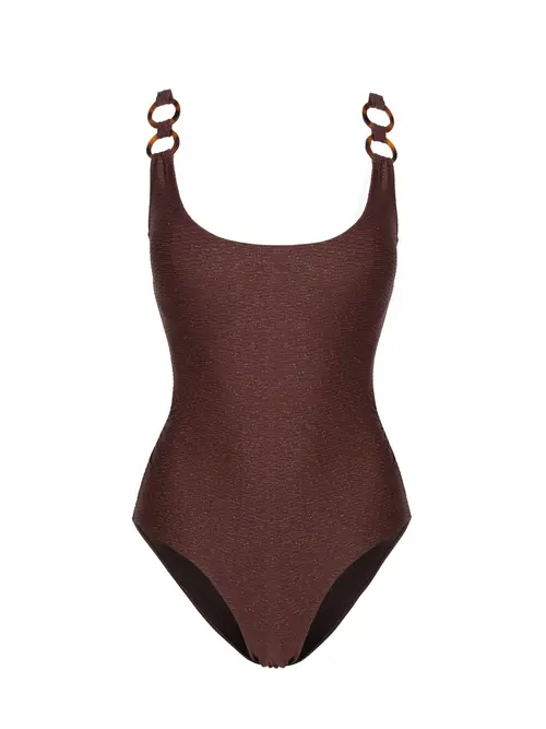 CHANGE OF SCENERY Chloe Tank Ring Trim One-piece Swimsuit - Cacao/gold Metallic