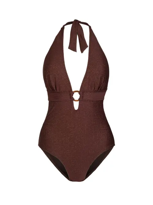CHANGE OF SCENERY Gabrielle Ring Halter One-piece Swimsuit - Cacao/gold Metallic