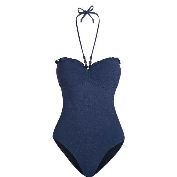 CHANGE OF SCENERY Talia Beaded Halter One-piece Swimsuit - Marine Blue Metallic