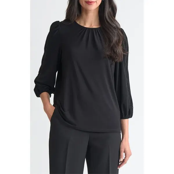 KASPER Lace Inset Blouson Sleeve Top - Black