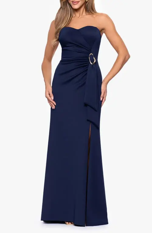 XSCAPE EVENINGS Belt Detail Strapless Gown