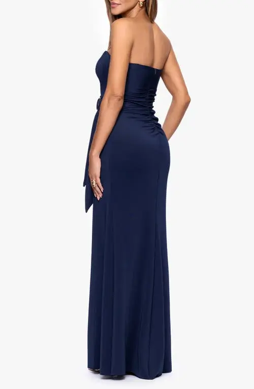 XSCAPE EVENINGS Belt Detail Strapless Gown